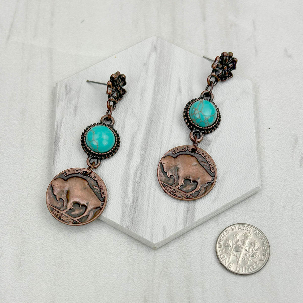 ERZ231205-56 Copper metal flower and buffalo concho with blue turquois ...