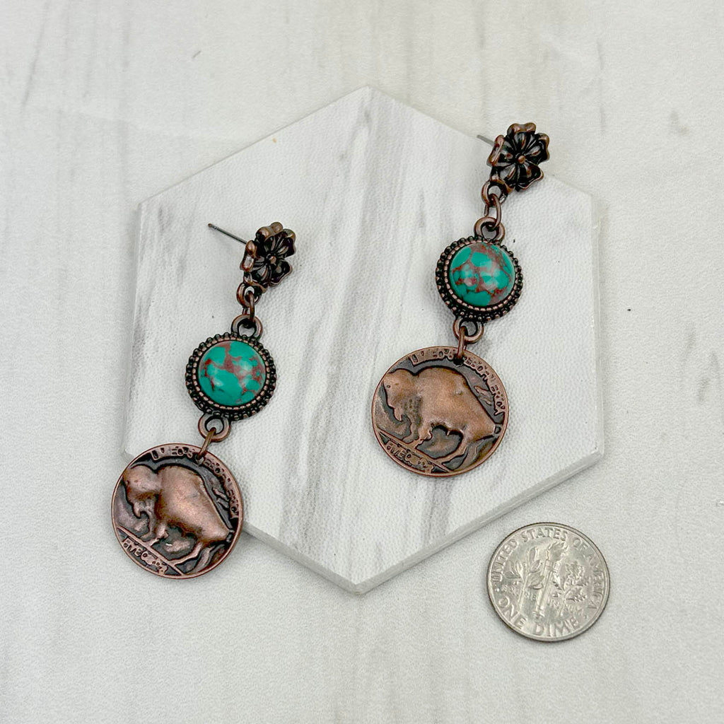 ERZ231205-56 Copper metal flower and buffalo concho with blue turquois ...