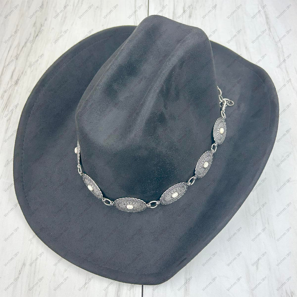 HATC030224-02 silver oval metal with white stone hat decor chain ...