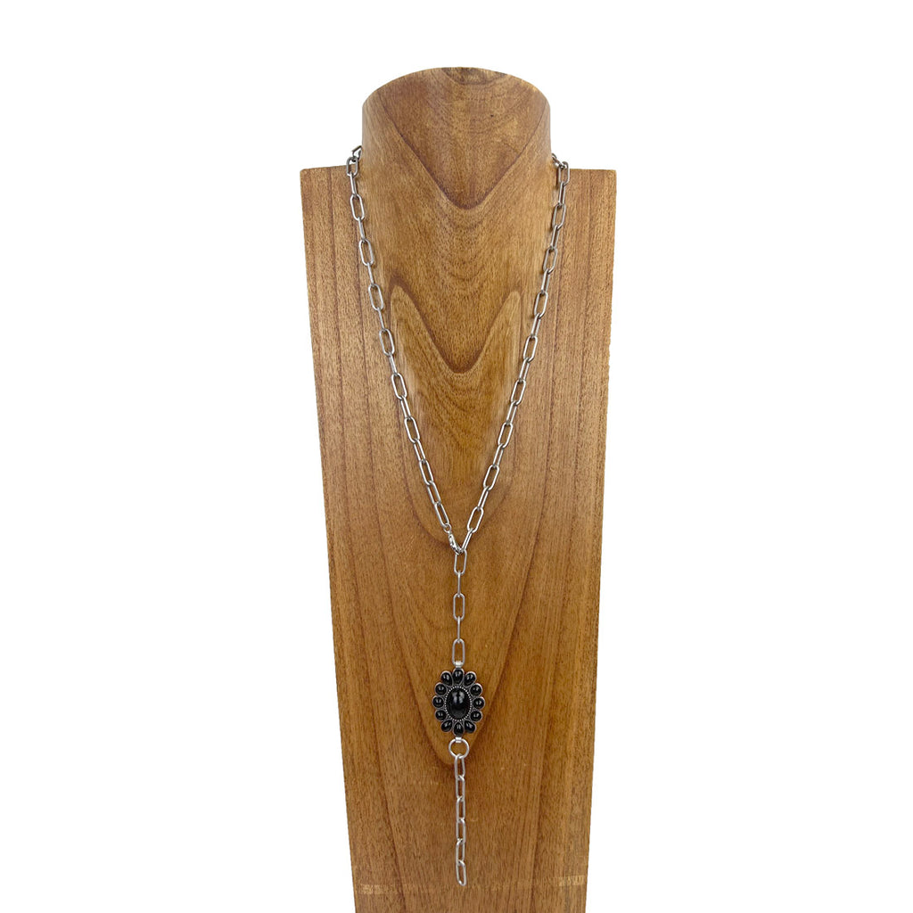 NKS230812-26 Silver metal chain with black stone concho Necklace ...