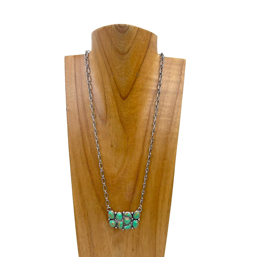 NKY250430-02-GREEN Silver metal chain with rectangle green turquoise s ...